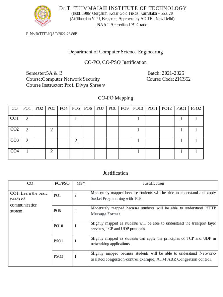 21CS52 5A & B CO PO Justification CN | PDF | Computer Science | Network Architecture