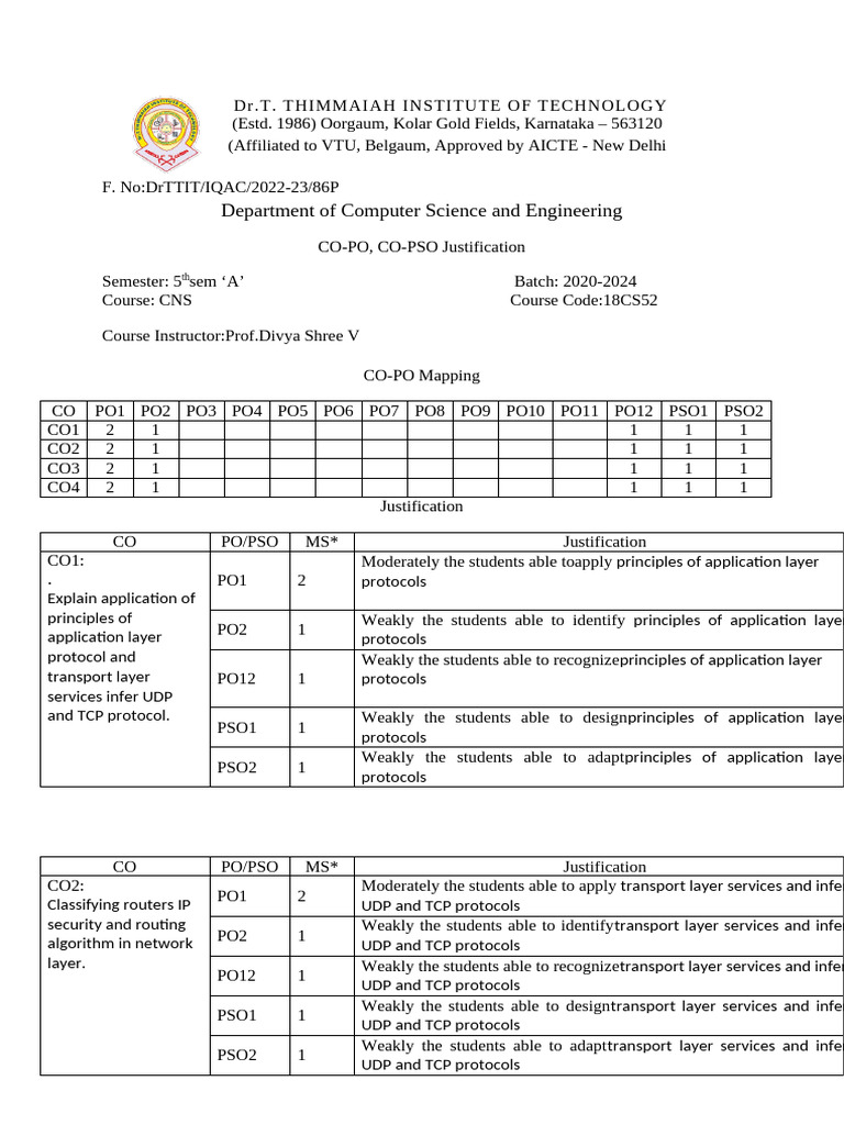 CSE CO-PO Mapping for 5th Semester | PDF | Computer Network | Internet ...