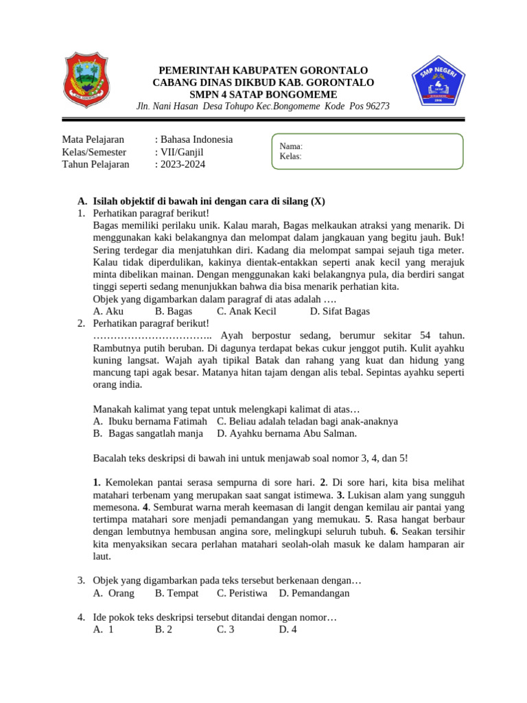 Soal Kelas Vii PTS 2023-2024 | PDF