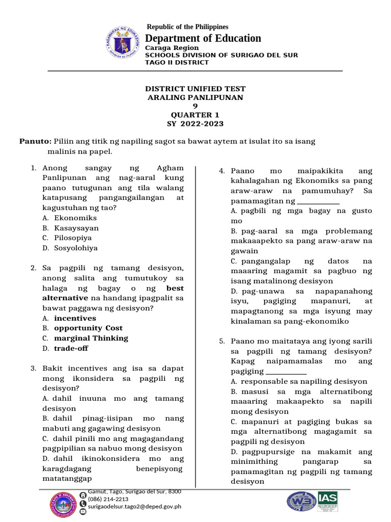 AP9 Q1 Unified District TQ V4 | PDF