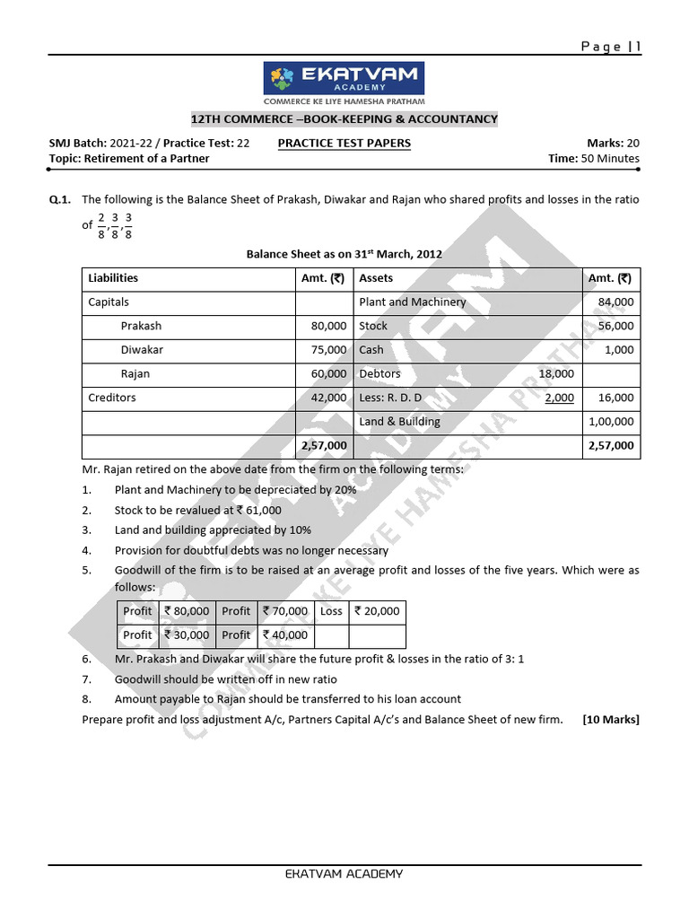 12th Account - Practice Paper 22 - Que - SMJ | PDF | Balance Sheet ...