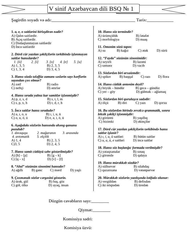 5-Ci Sinif Azərbaycan Dili BSQ 1 | PDF