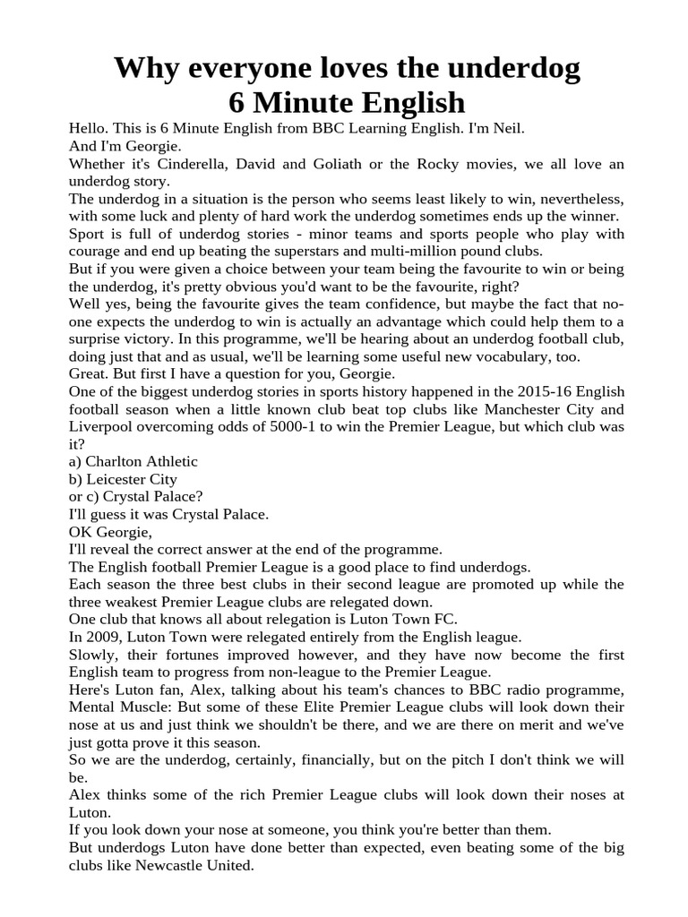 Why Everyone Loves The Underdog 6 Minute English | PDF | Association ...