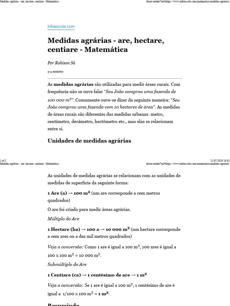 Medidas Agrárias - Are, Centiare e Hectare | PDF | Área | Quantidade