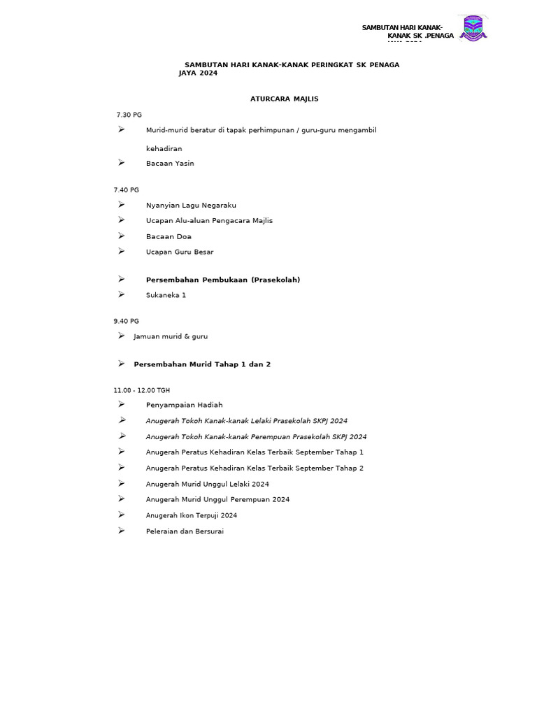 TENTATIF - AJK HARI KANAK2 SKPJ 2024 Word | PDF