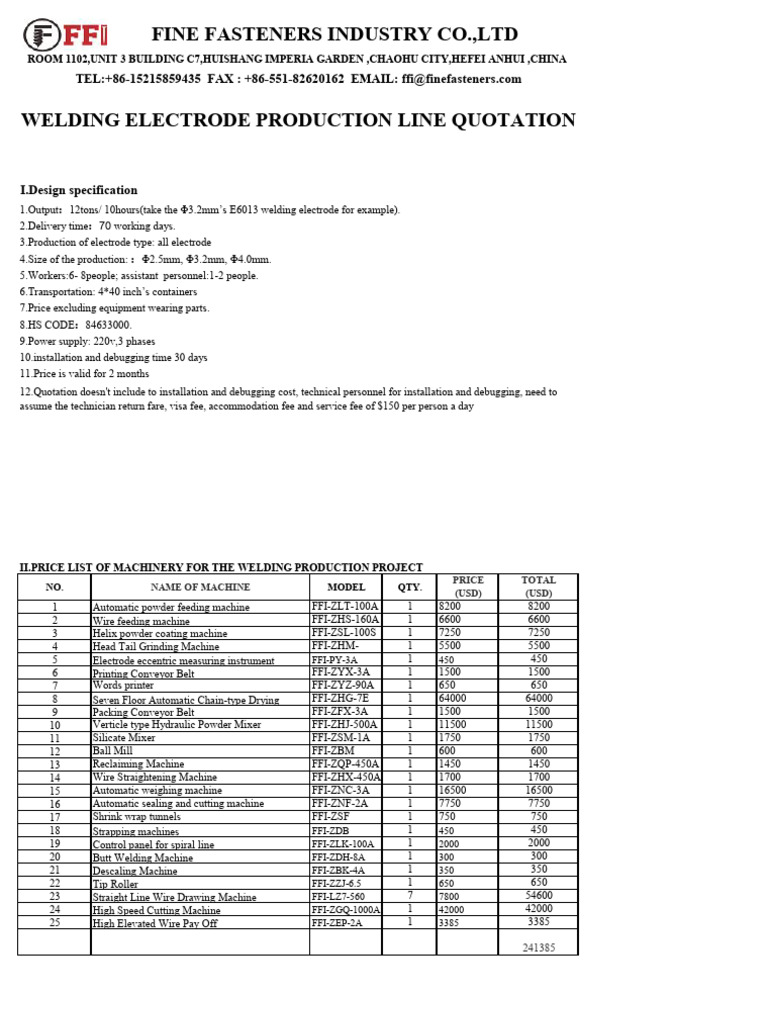 10 12 Tons Welding Electrode Production Line Quotation 20230419 | PDF ...