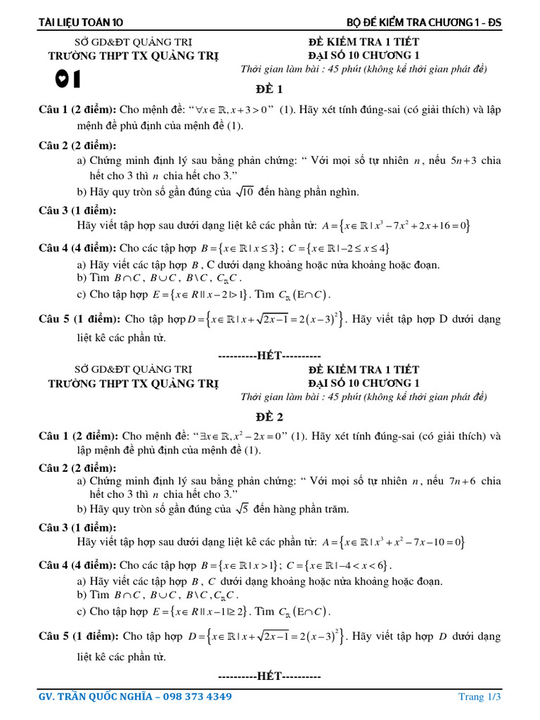 Bo de Kiem Tra Chuong 1 - DS10 - 2 | PDF