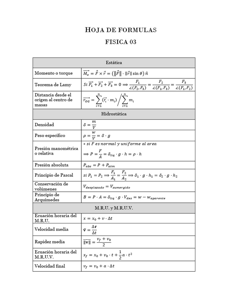 Hoja de formulas de fisica UBA XXI | PDF | Fricción | Aceleración