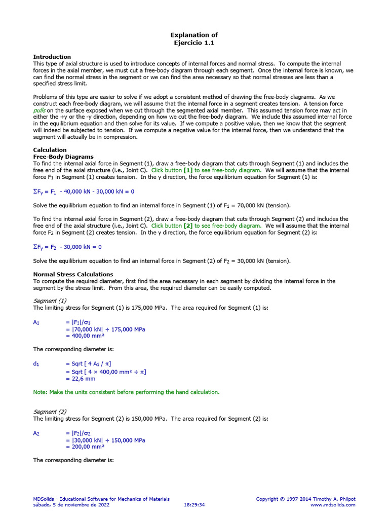 Ejercicio 1.1 MDSolids | PDF | Tension (Physics) | Force