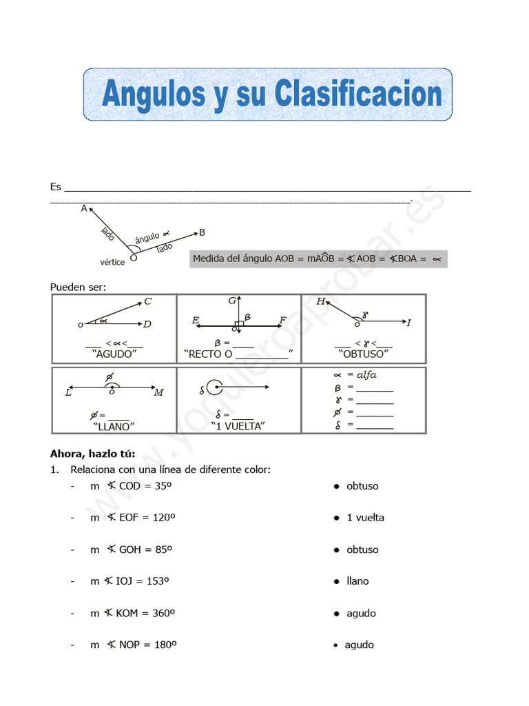 Ángulos y Su Clasificación - 5º Primaria | PDF | Geometría euclidiana | Geometría Elemental