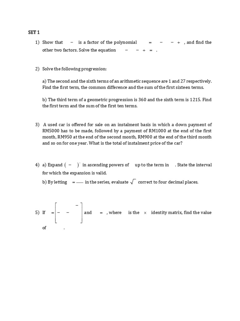 Math Problem Sets: Polynomial, Progression, and Matrix Solutions | PDF ...