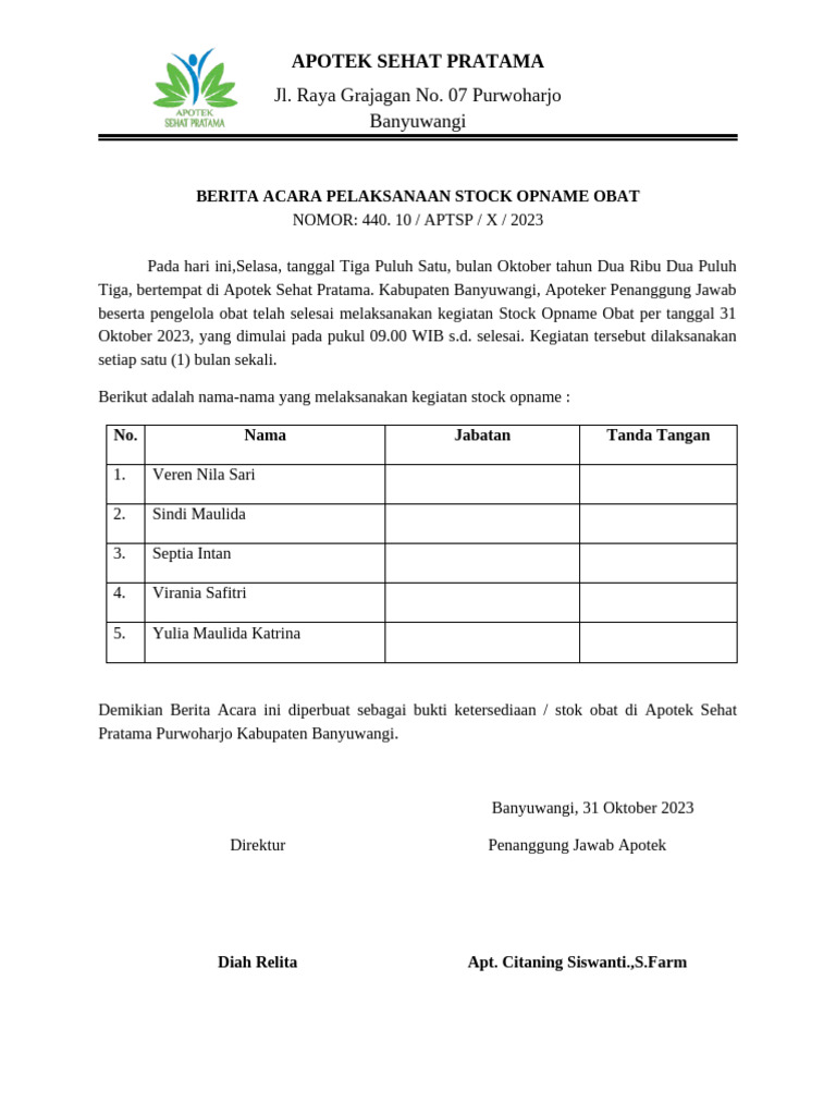 Berita Acara Pelaksanaan Stock Opname Obat | PDF | Pengembangan Diri | Kesehatan Holistik