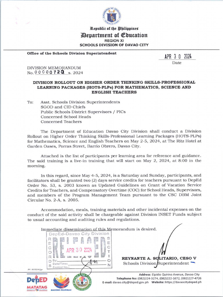 2024-DM No. 720 - DIVISION ROLLOUT ON HIGHER ORDER THINKING SKILLS ...