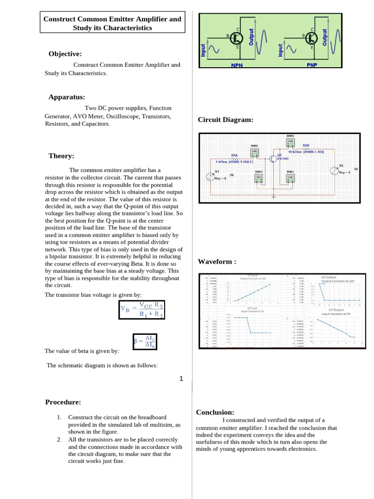 Common Emitter Amplifier Construction | PDF | Amplifier | Electronic ...
