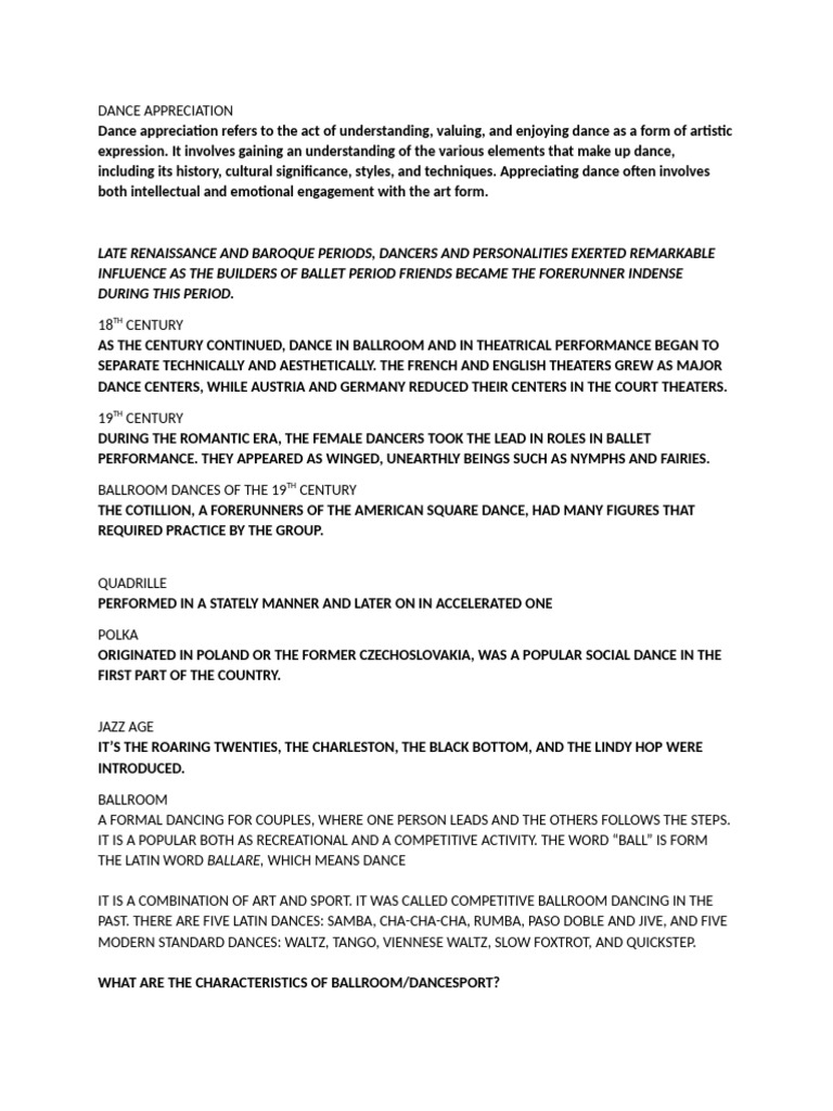 DANCE APPRECIATION NOTES | PDF | Ballroom Dance | Dances