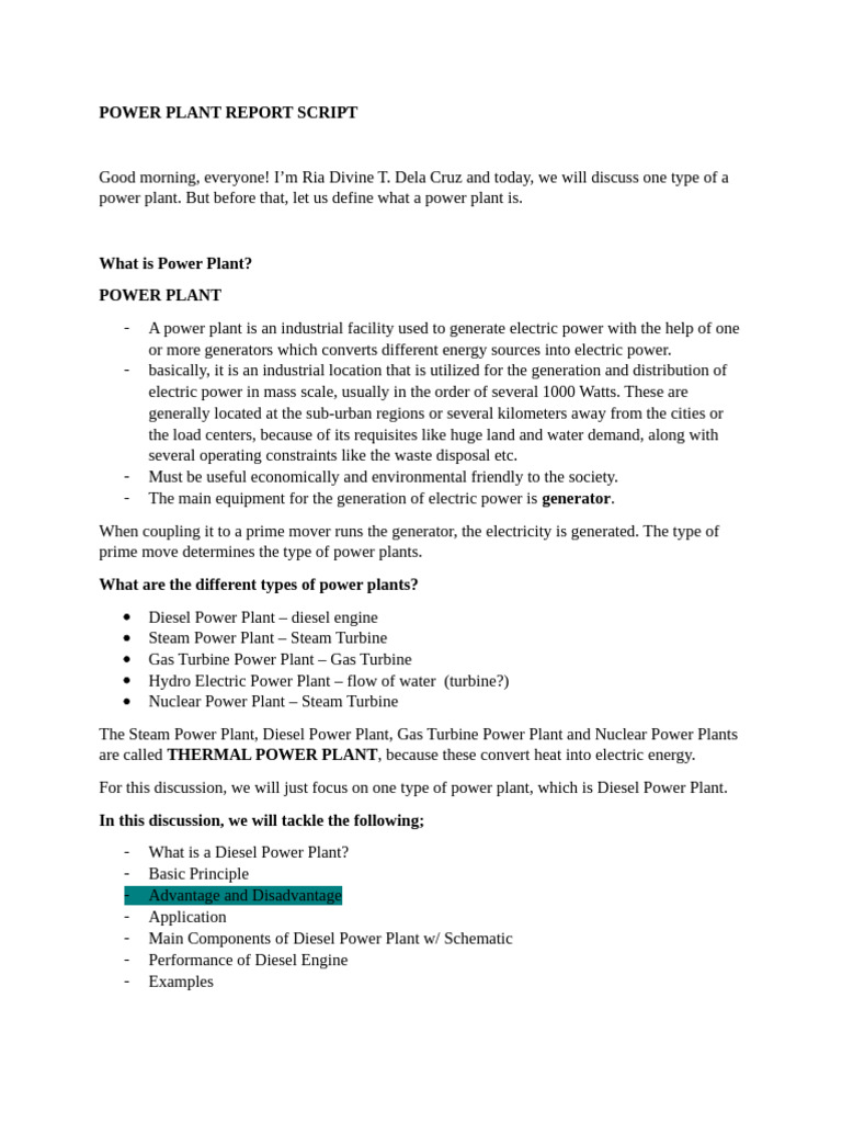 POWER PLANT REPORT SCRIPT | PDF | Internal Combustion Engine | Diesel ...