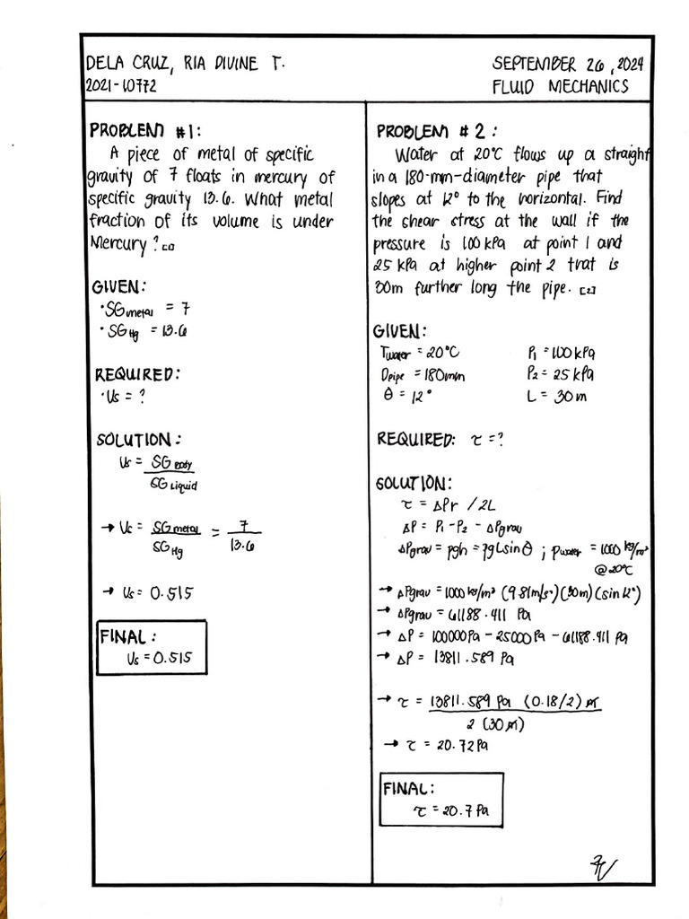 Dela Cruz Ria - Pset 2 - Fluid Mechanics | PDF