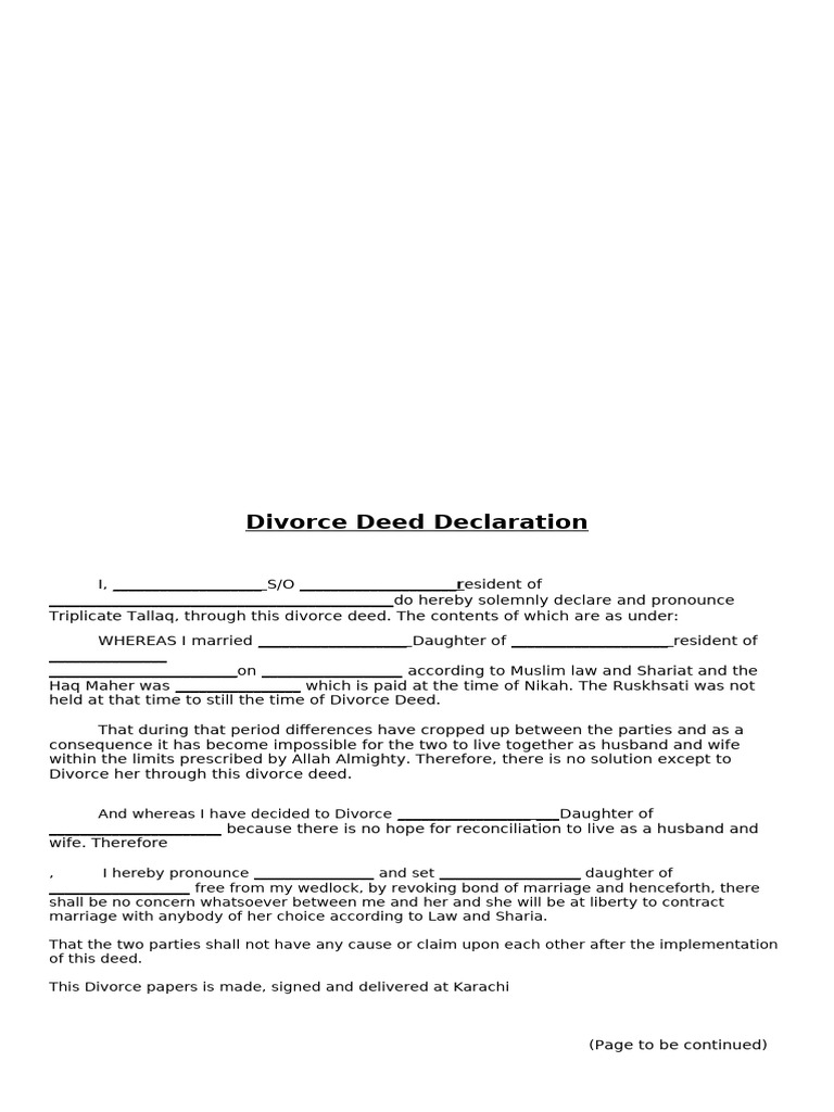 Divorce Deed Declaration BLANK | PDF