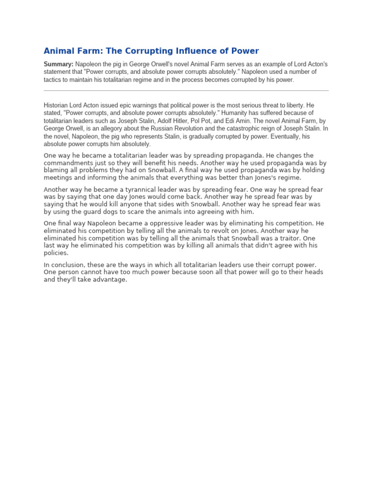Animal Farm: The Corrupting Influence of Power: Summary | PDF