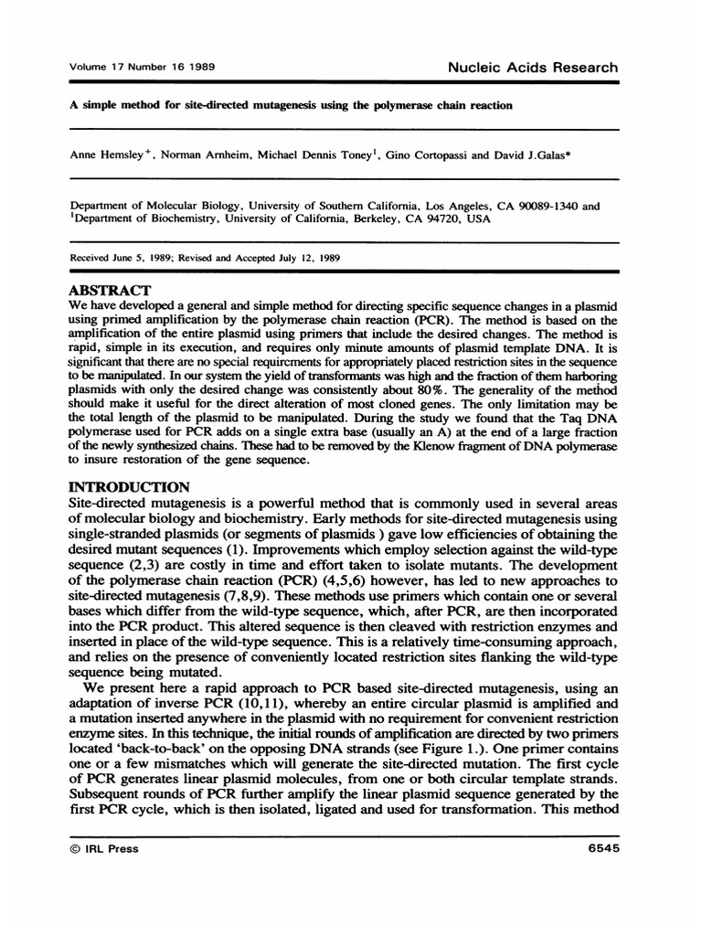 PCR-Based Site-Directed Mutagenesis | PDF | Polymerase Chain Reaction ...
