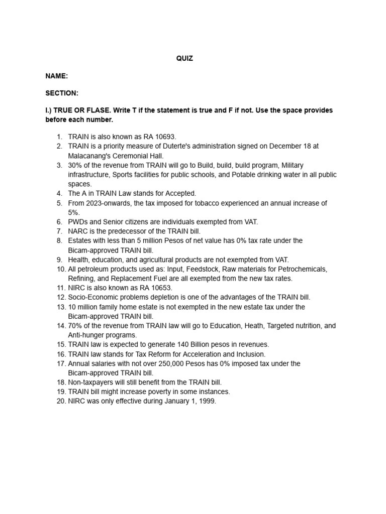 Train Quiz | PDF | Business | Finance & Money Management