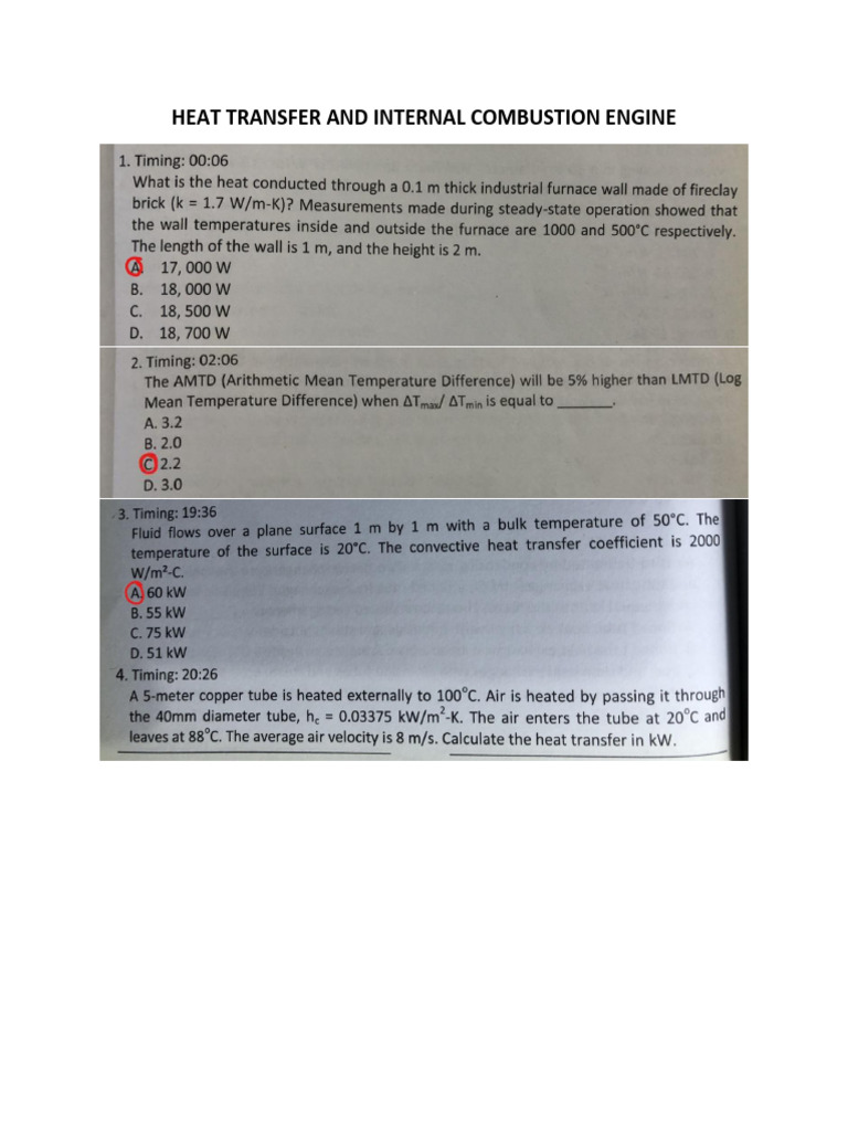 Heat Transfer in IC Engines: Answer Key | PDF