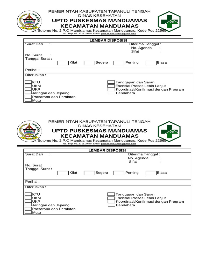Lembar Disposisi Puskesmas Manduamas | PDF