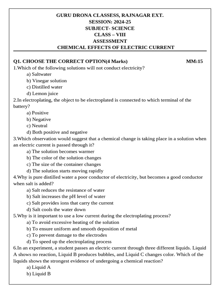 Class VIII Science: Chemical Effects of Current | PDF | Electric ...