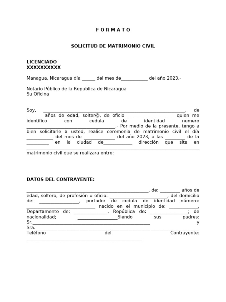 F o R M A T o Solicitud de Matrimonio Civil | PDF | Matrimonio | Documento de identidad
