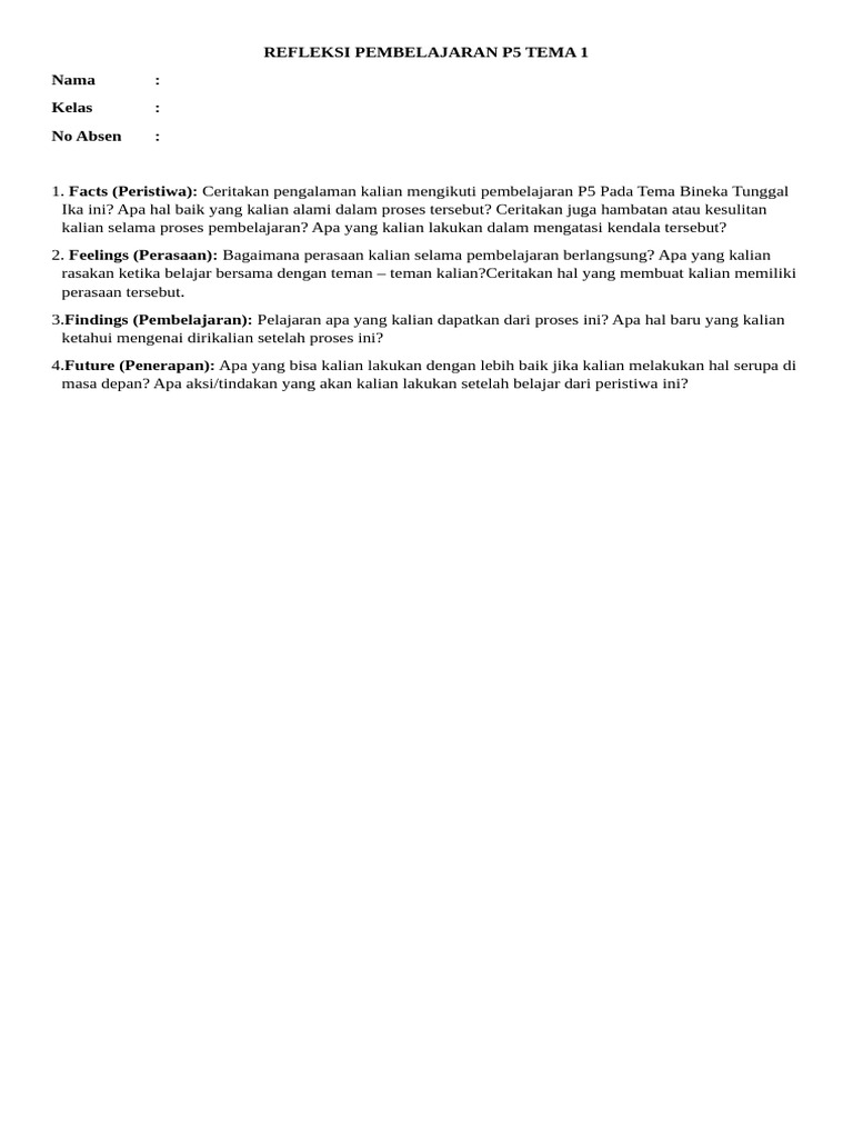 Refleksi Pembelajaran p5 Tema 1 | PDF | Pengembangan Diri