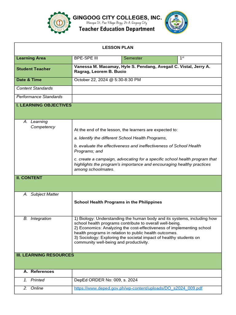 School Health Programs Lesson Plan | PDF | Learning | Lesson Plan