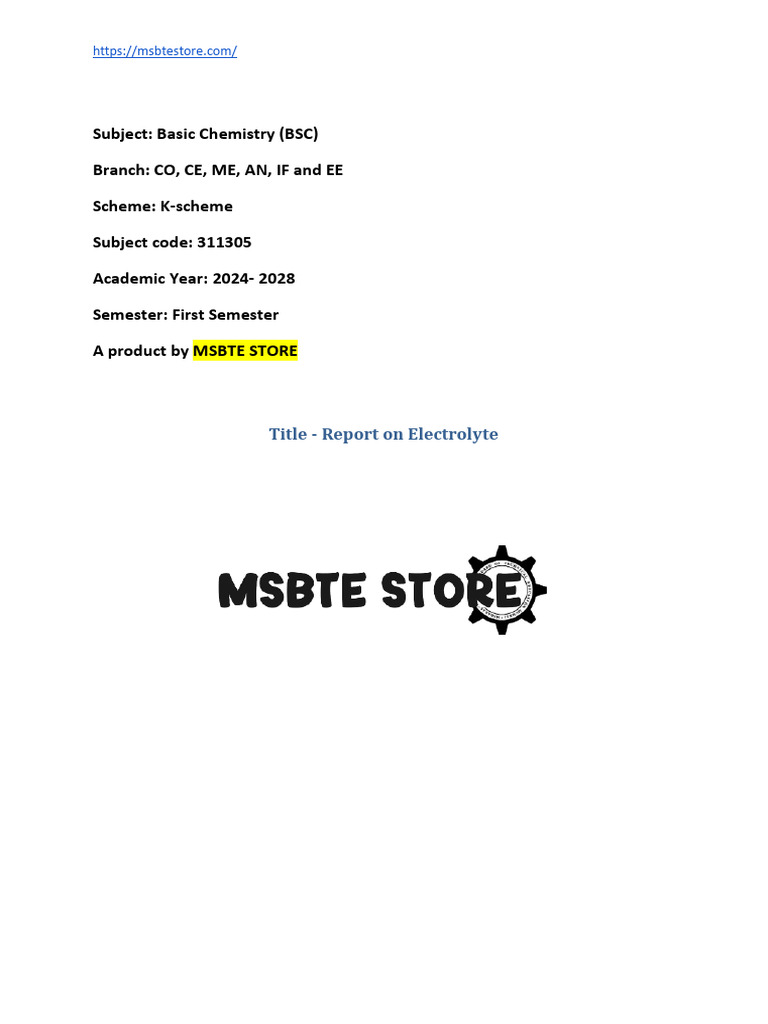 Basic Chemistry 311305 Report On Electrolyte BSC 2nd Micro Project Msbte Store | PDF ...