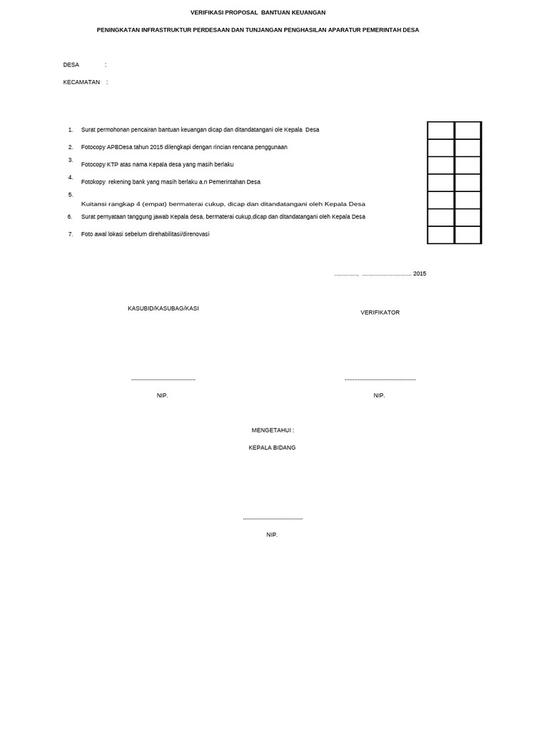 Form Ceklis Verivikasi Proposal Infras Dan TPP | PDF | Pengelolaan Keuangan & Uang | Griya & Taman