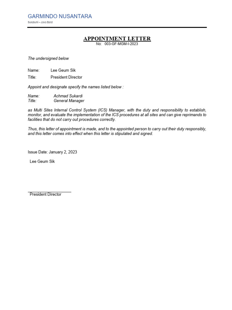 Appointed Letter-Ics Manager | PDF