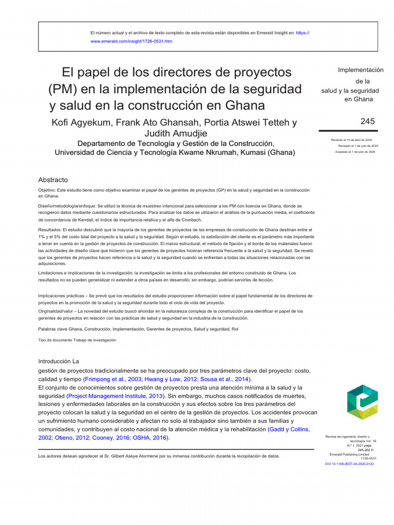 The Role of Project Managers (PMS) in Construction Health and Safety ...