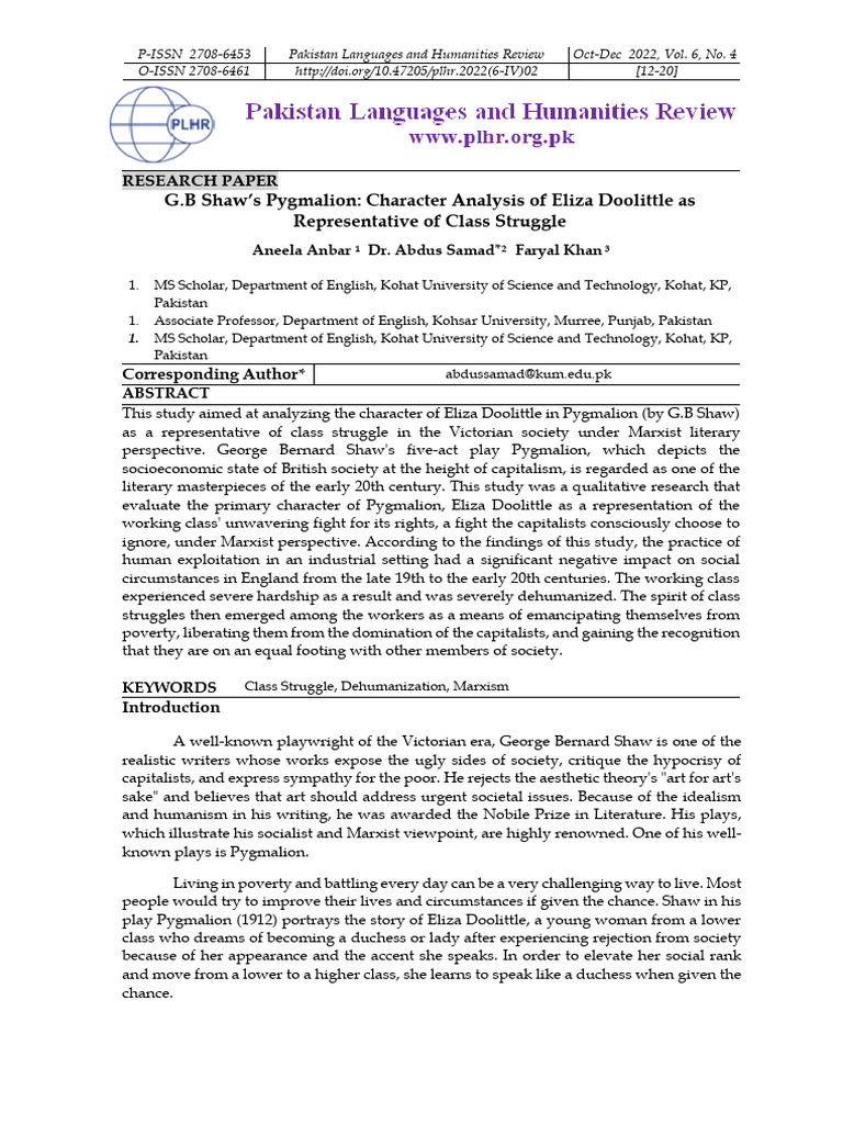 G.B Shaw's Pygmalion: Character Analysis of Eliza Doolittle As ...