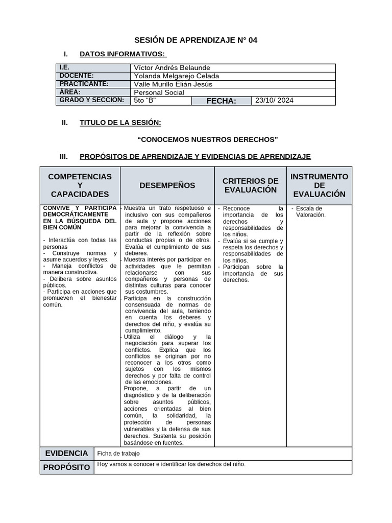 SESIÓN DE APRENDIZAJE - Derechos Del Niño | PDF | Evaluación | Aprendizaje