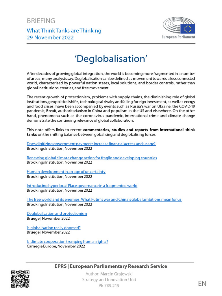 EPRS_BRIE_TT_739219_Deglobalisation_final | PDF | Globalization | Political Science
