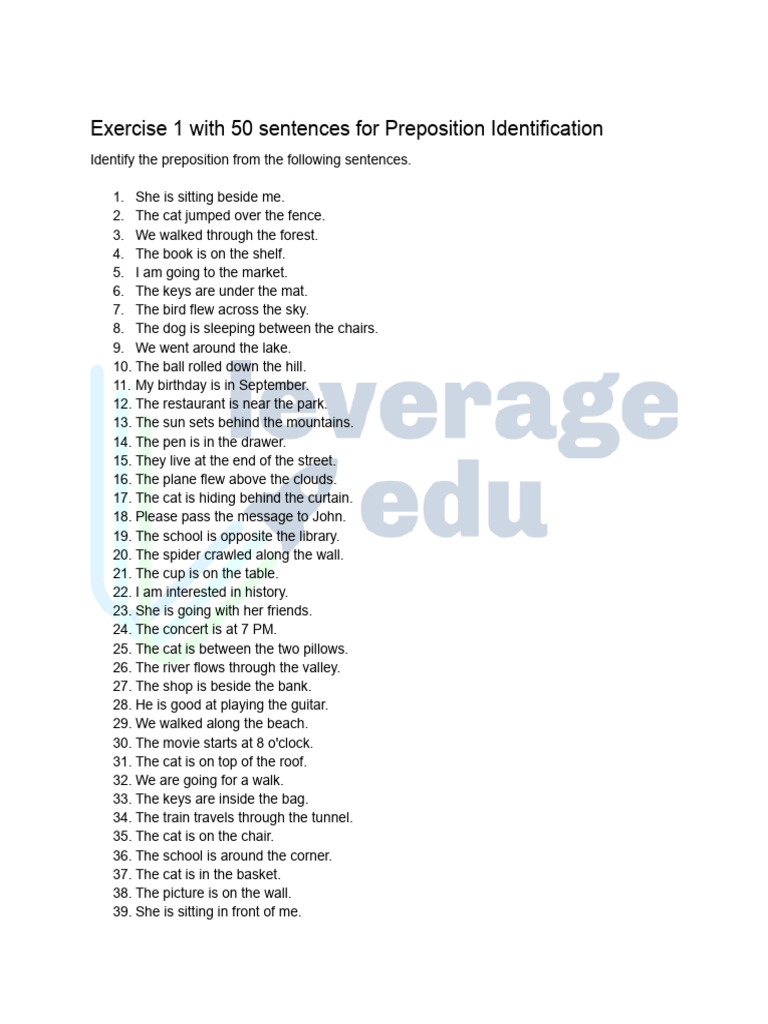 Preposition Exercise Class 8 | PDF