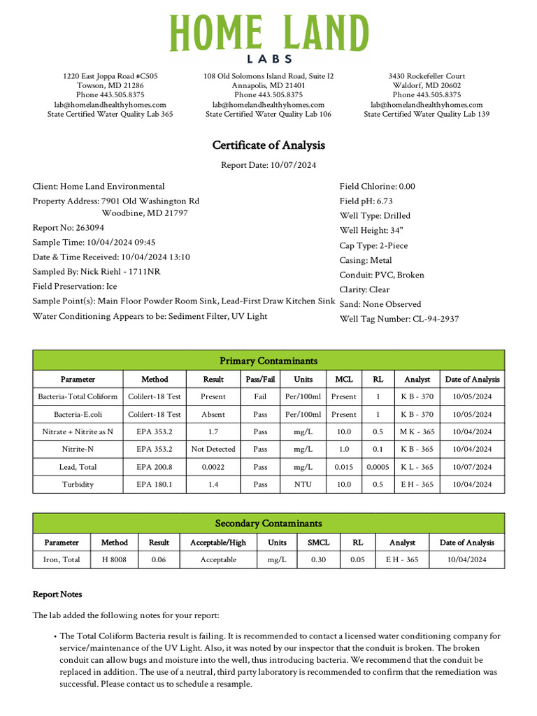 Water Testing Lab - Report - 275 | PDF | Drinking Water | Water Quality