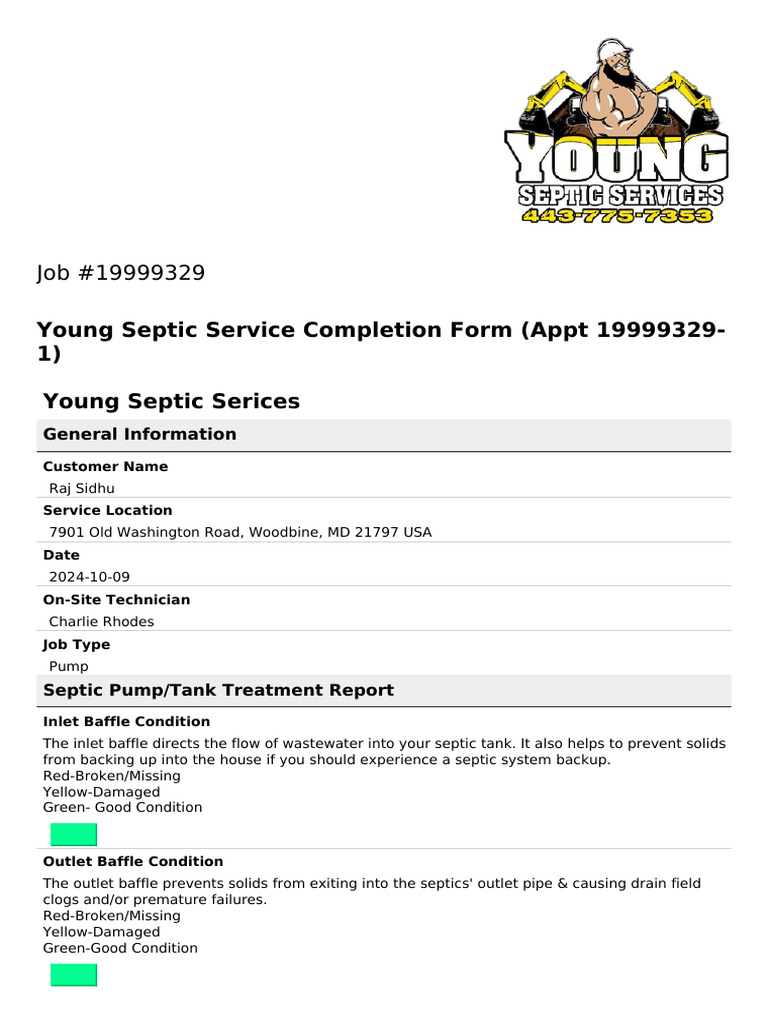 Young Septic Service Completion Form | PDF | Home & Garden