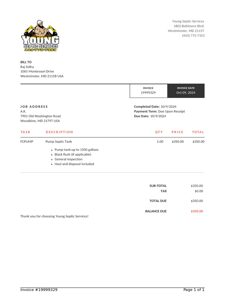 Young Septic Service Invoice | PDF