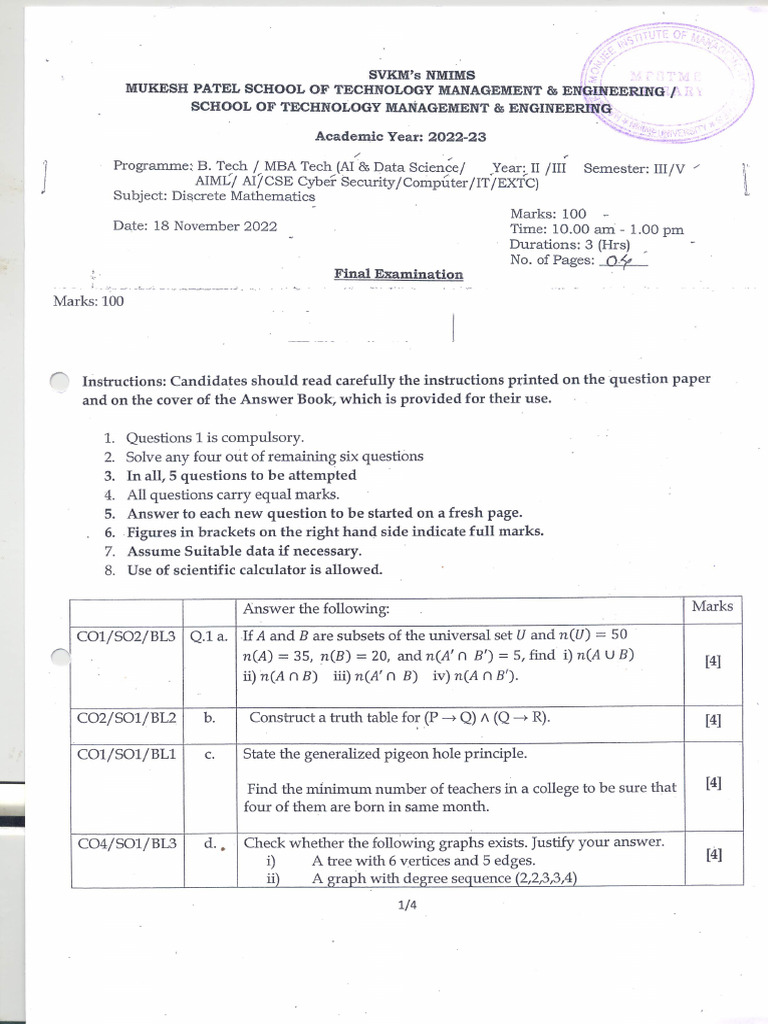 Discrete Mathematics 2nd Year Sem-III Year 2022-23 Final Exam PvUSSoWa4A | PDF
