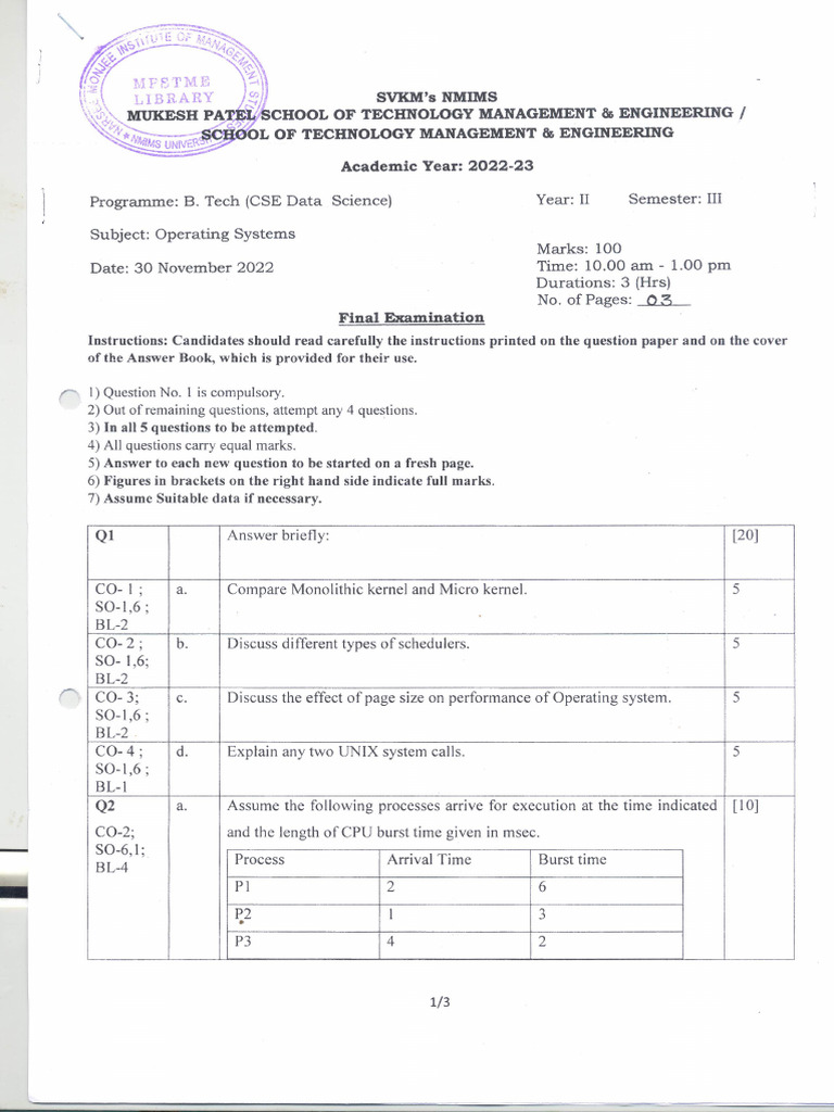 Operating System 2nd Year Sem III Year 2022-23 Ub4c9v4BJk | PDF