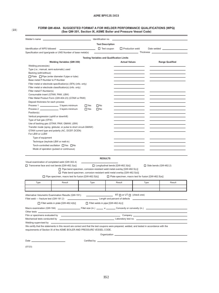 ASME BPVC 2023 Section IX WPQ format | PDF | Welding | Construction