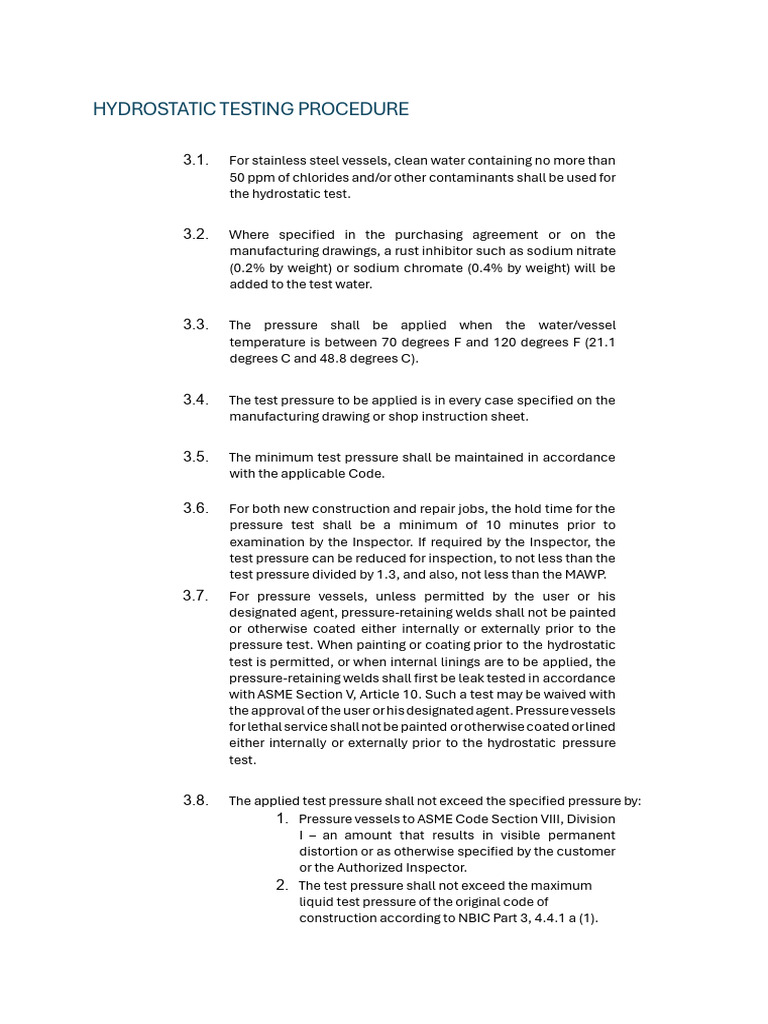 Hydrostatic Testing Procedure | PDF | Pressure | Mechanical Engineering