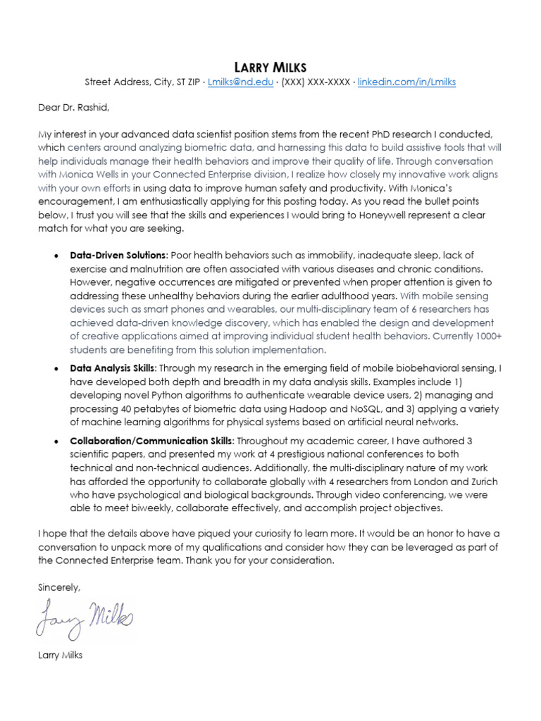 Cover Letter Example Honeywell Data Science Position | PDF | Data ...