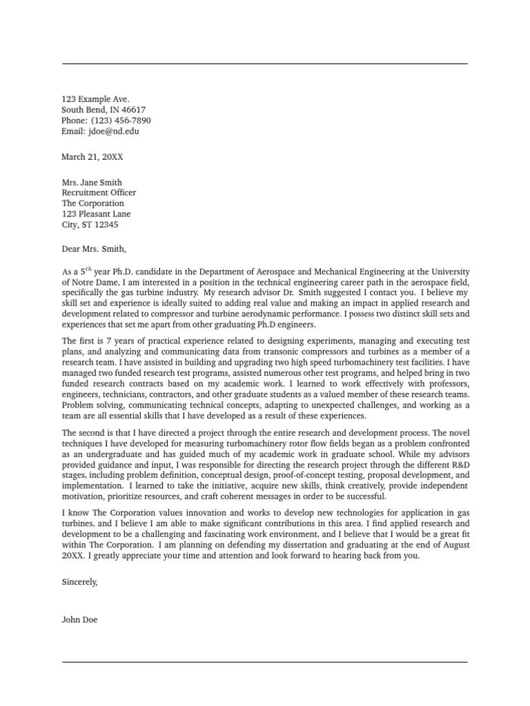 Ph.D. Candidate Cover Letter for Aerospace Position | PDF ...