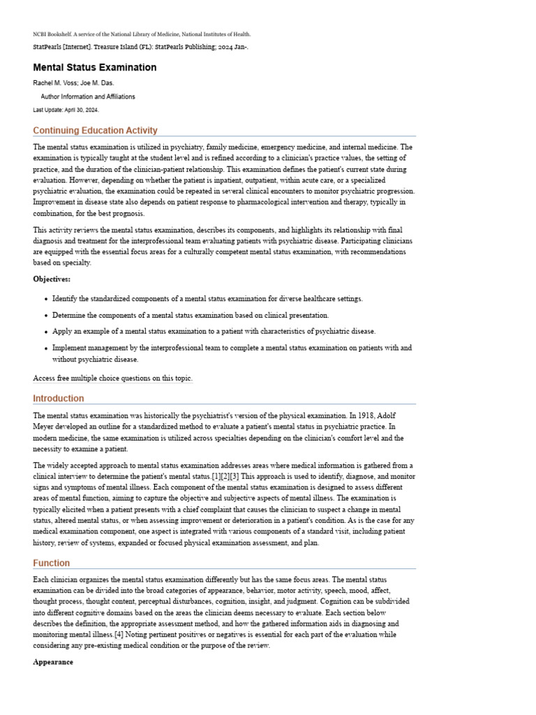 Mental Status Examination Guide | PDF | Psychiatry | Mental Disorder
