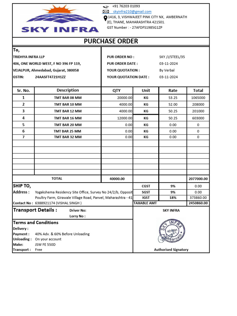 Purchase Order for TMT Bars | PDF